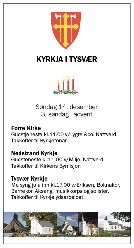 Gudstjenester - 3. søndag i advent – Tysvær Bygdeblad